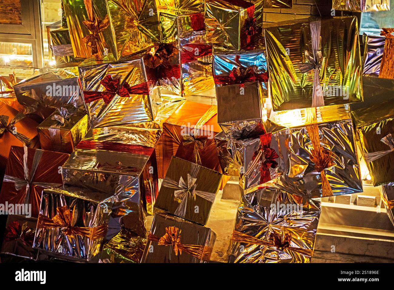 gift boxes with gold wrapping and ribbon. Holiday, Boxing Day, Party ...