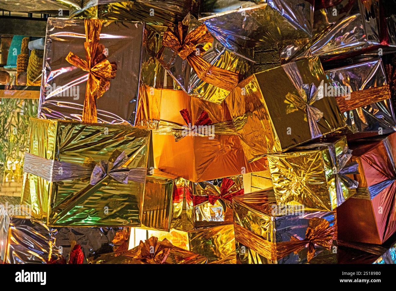 gift boxes with gold wrapping and ribbon. Holiday, Boxing Day, Party ...