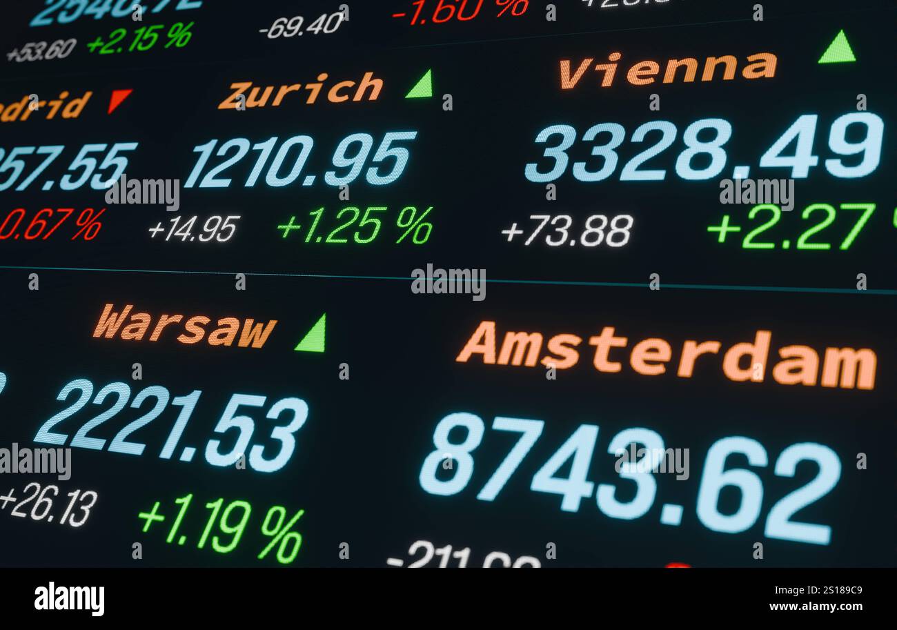 Ticker board with stock market information, Zurich, Amsterdam, Vienna ...