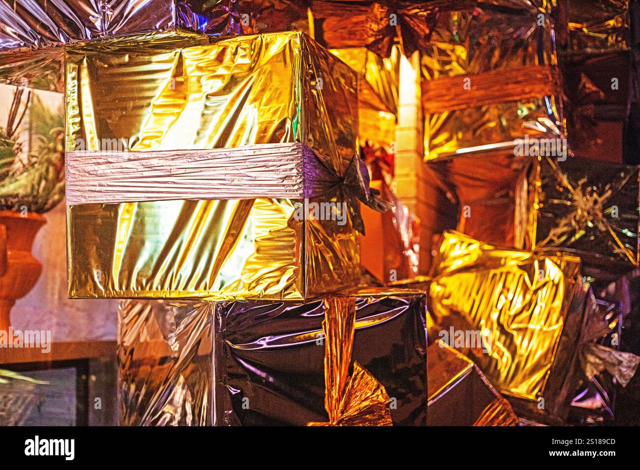 gift boxes with gold wrapping and ribbon. Holiday, Boxing Day, Party ...