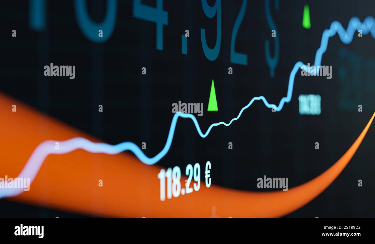 Extreme close up rising blue stock market chart and orange line ...