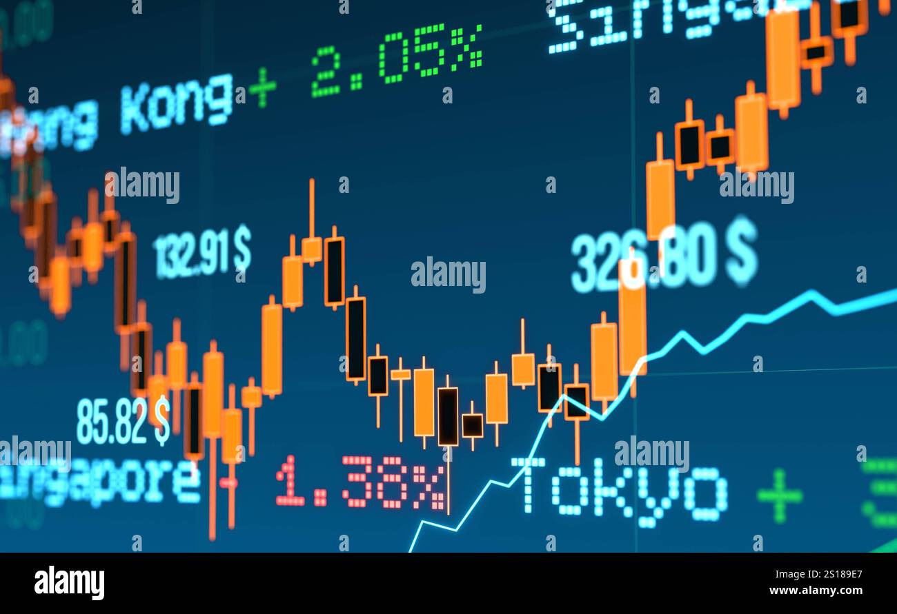 Close up orange candle stick chart and blue line chart with market data ...