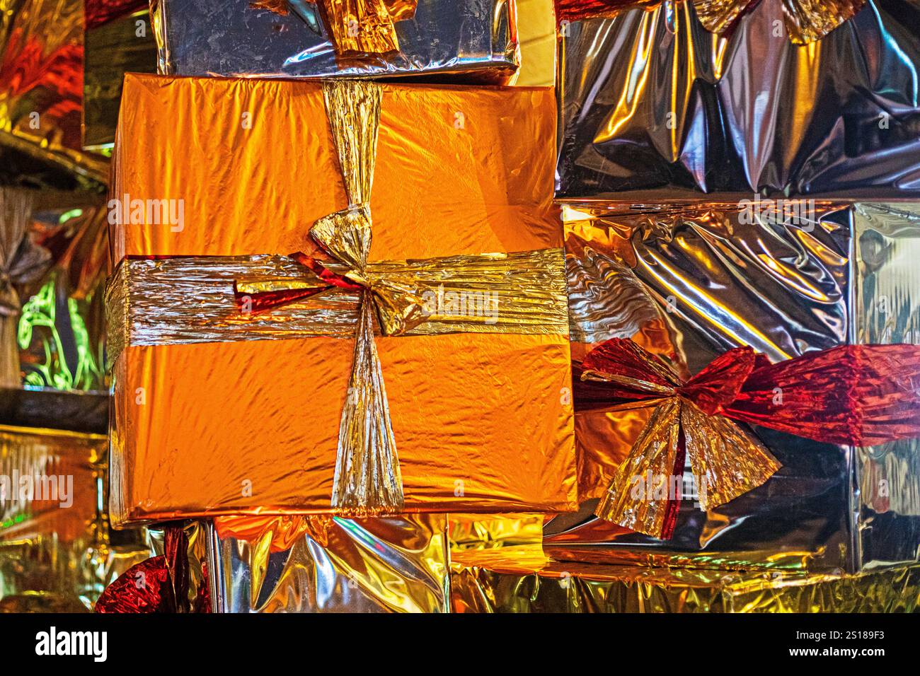 beautiful gift boxes with gold wrapping and ribbon. Holiday, Boxing Day ...