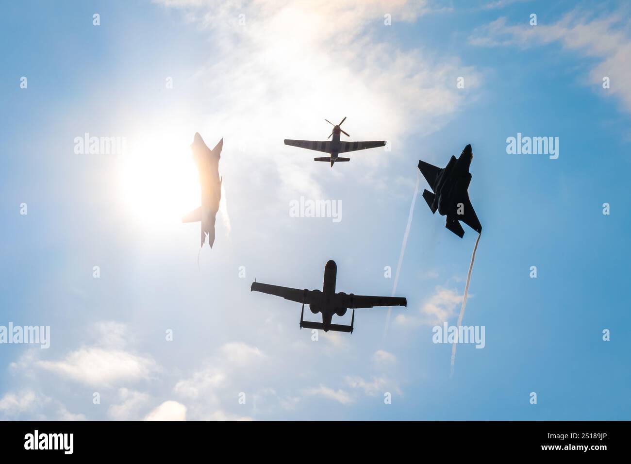 A U.S. Air Force F-22 Raptor, P-51 Mustang, F-35 Lightning, and A-10 ...