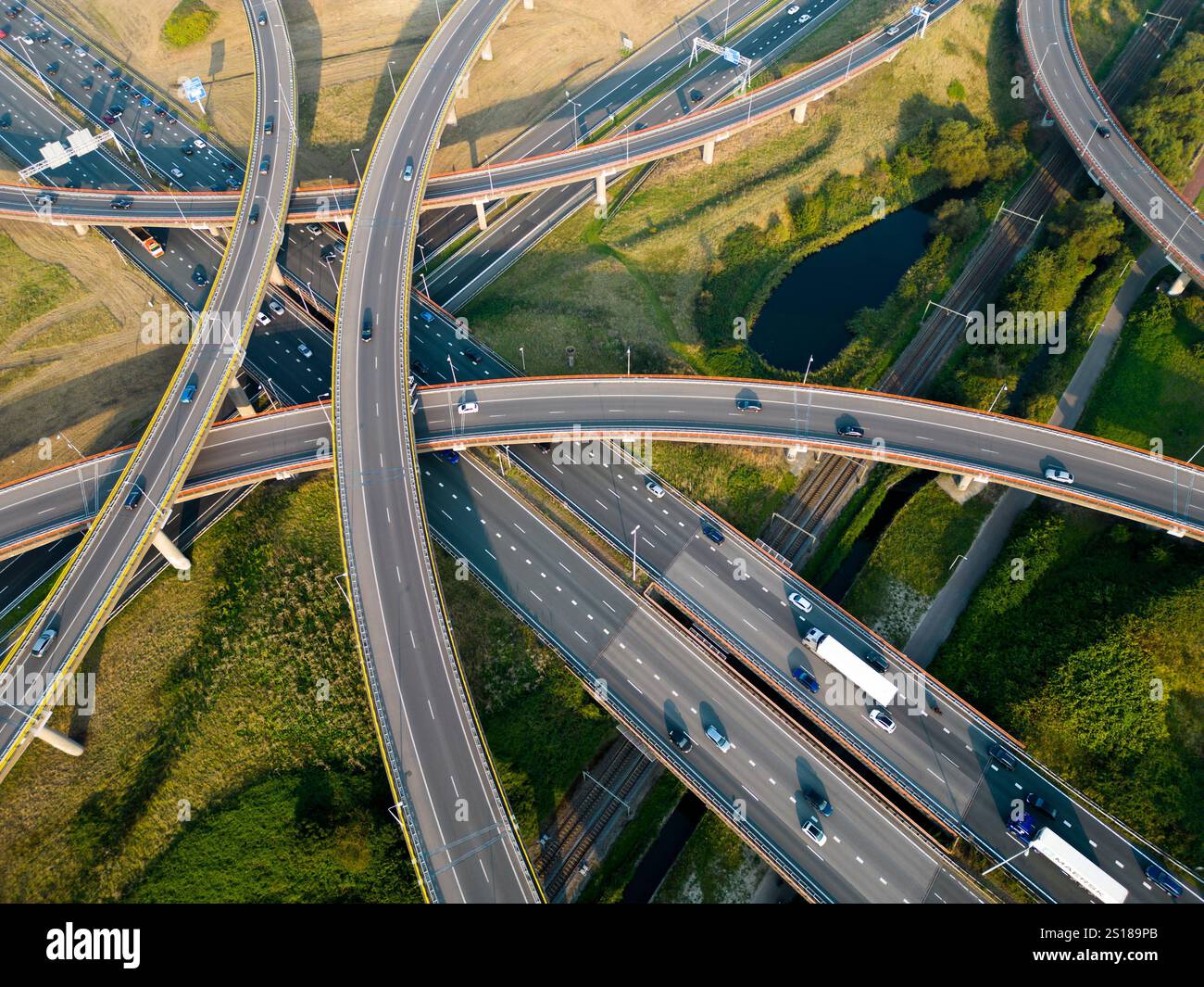 Aerial view of a cloverleaf interchange highway, The Haque, The ...