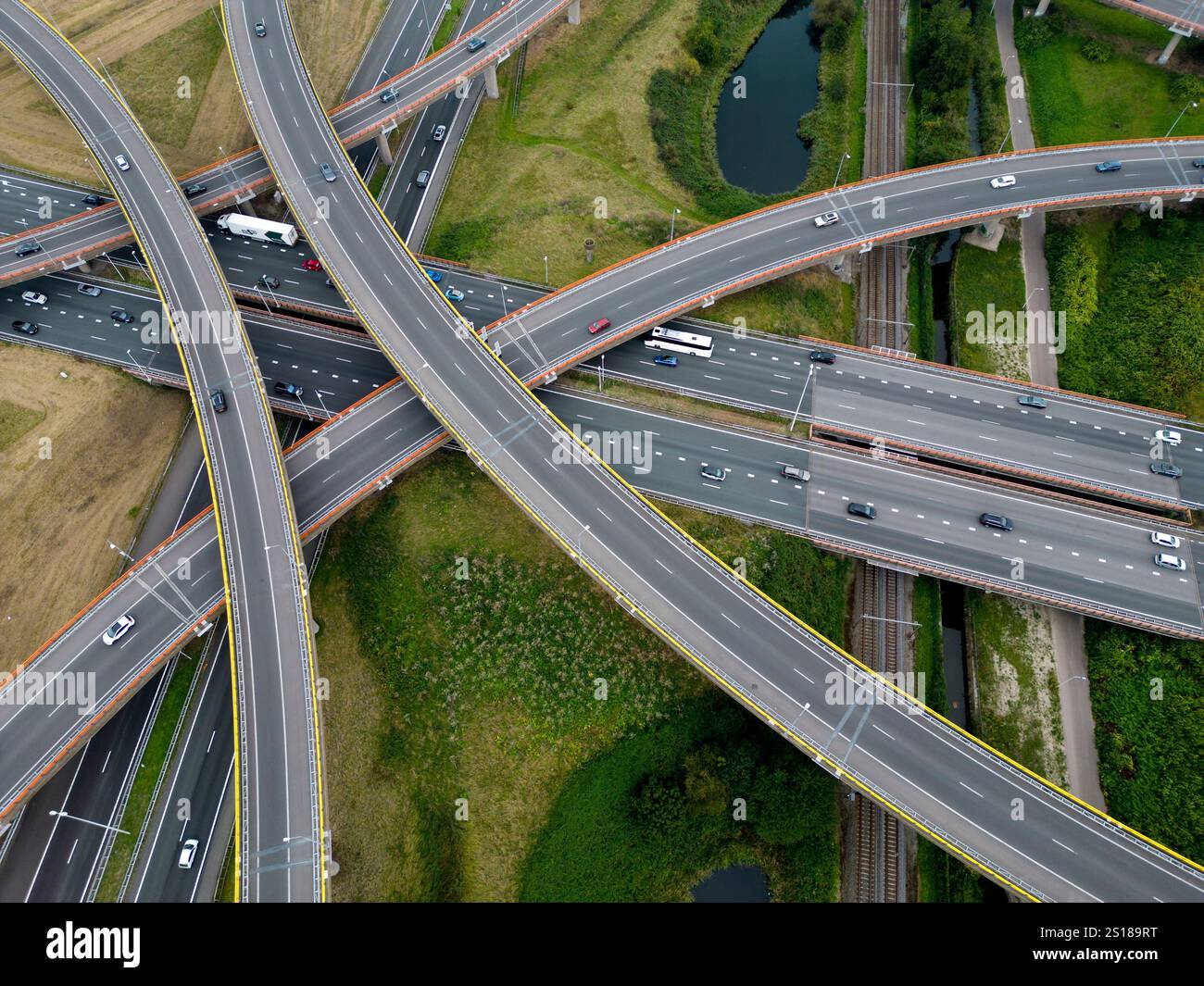 Aerial view of a cloverleaf interchange highway, The Haque, The ...