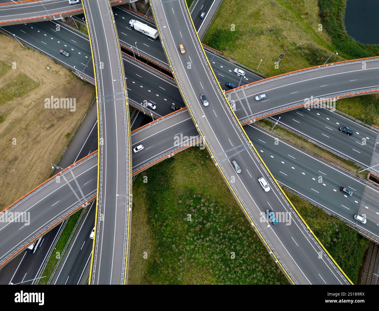 Aerial view of a cloverleaf interchange highway, The Haque, The ...