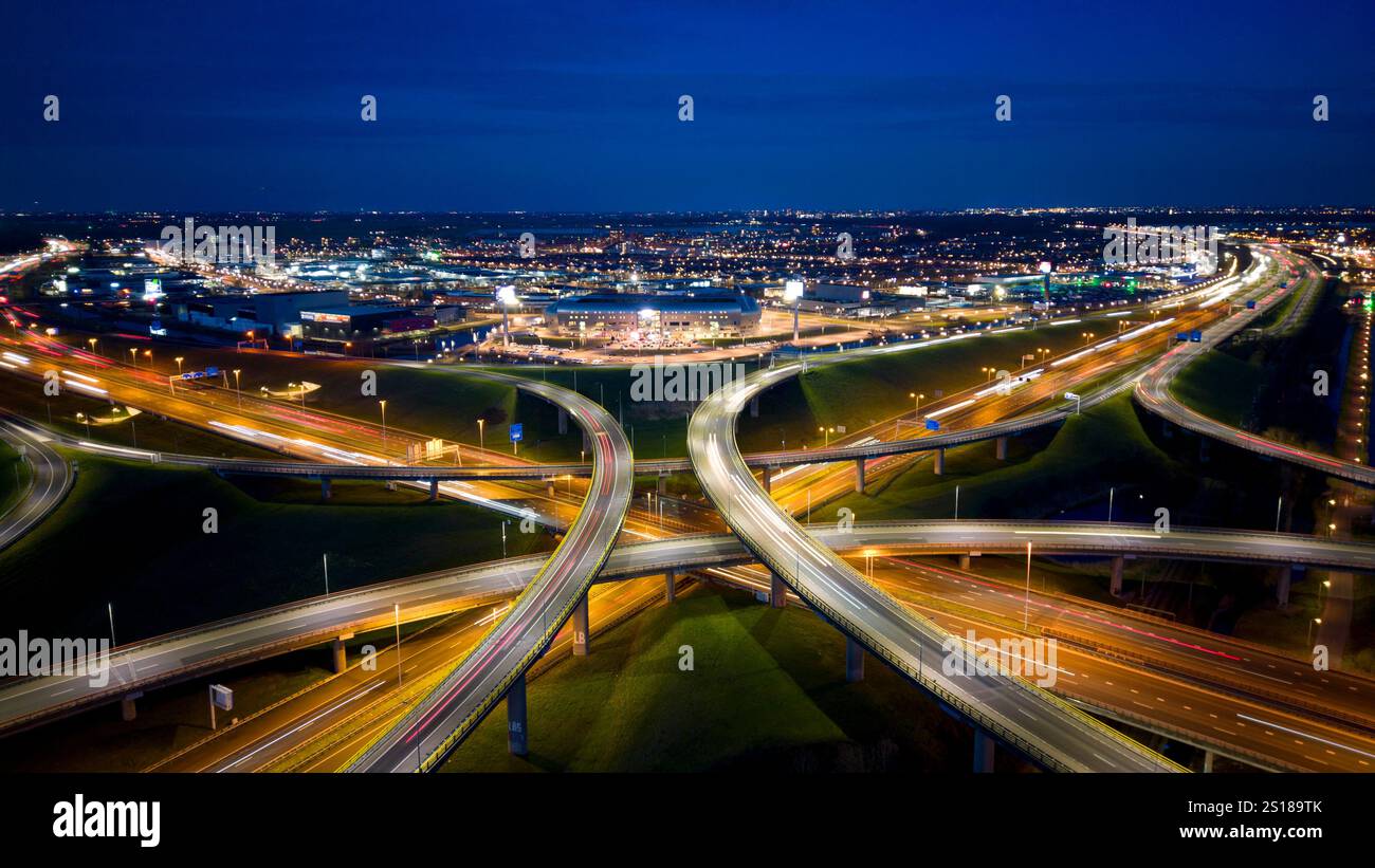 Aerial view of a cloverleaf interchange highway, The Haque, The ...