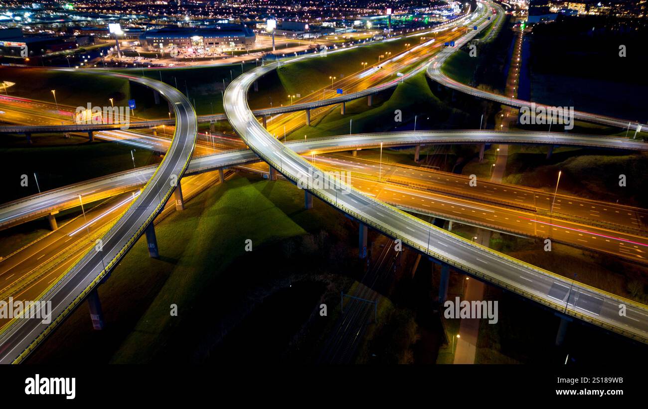 Aerial view of a cloverleaf interchange highway, The Haque, The ...