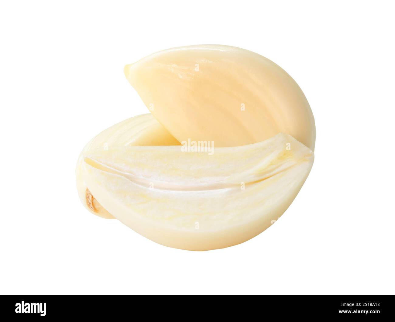 Side view of peeled garlic cloves with slices in stack are isolated on ...
