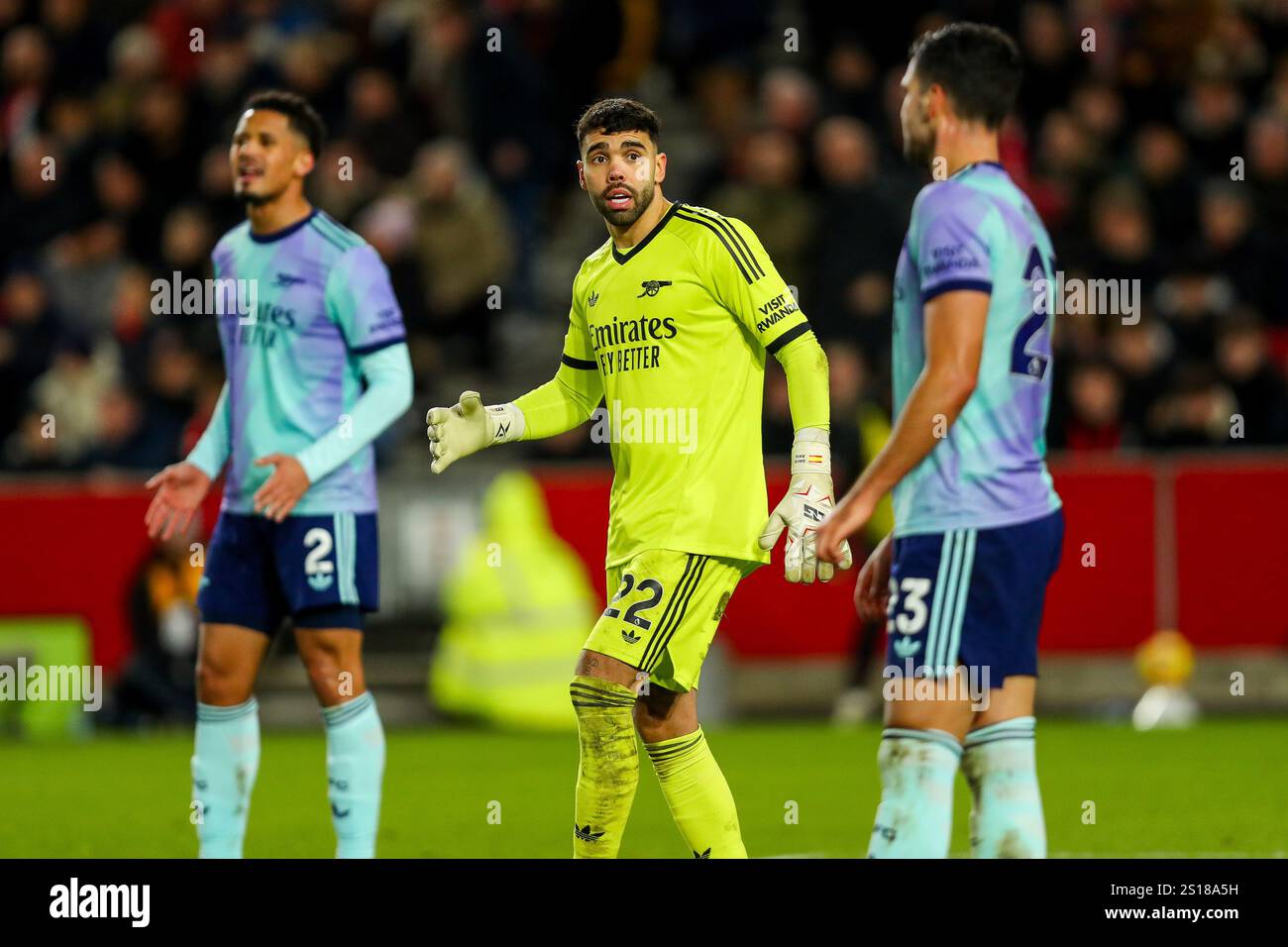 David Raya of Arsenal gives the team instructions during the Premier ...