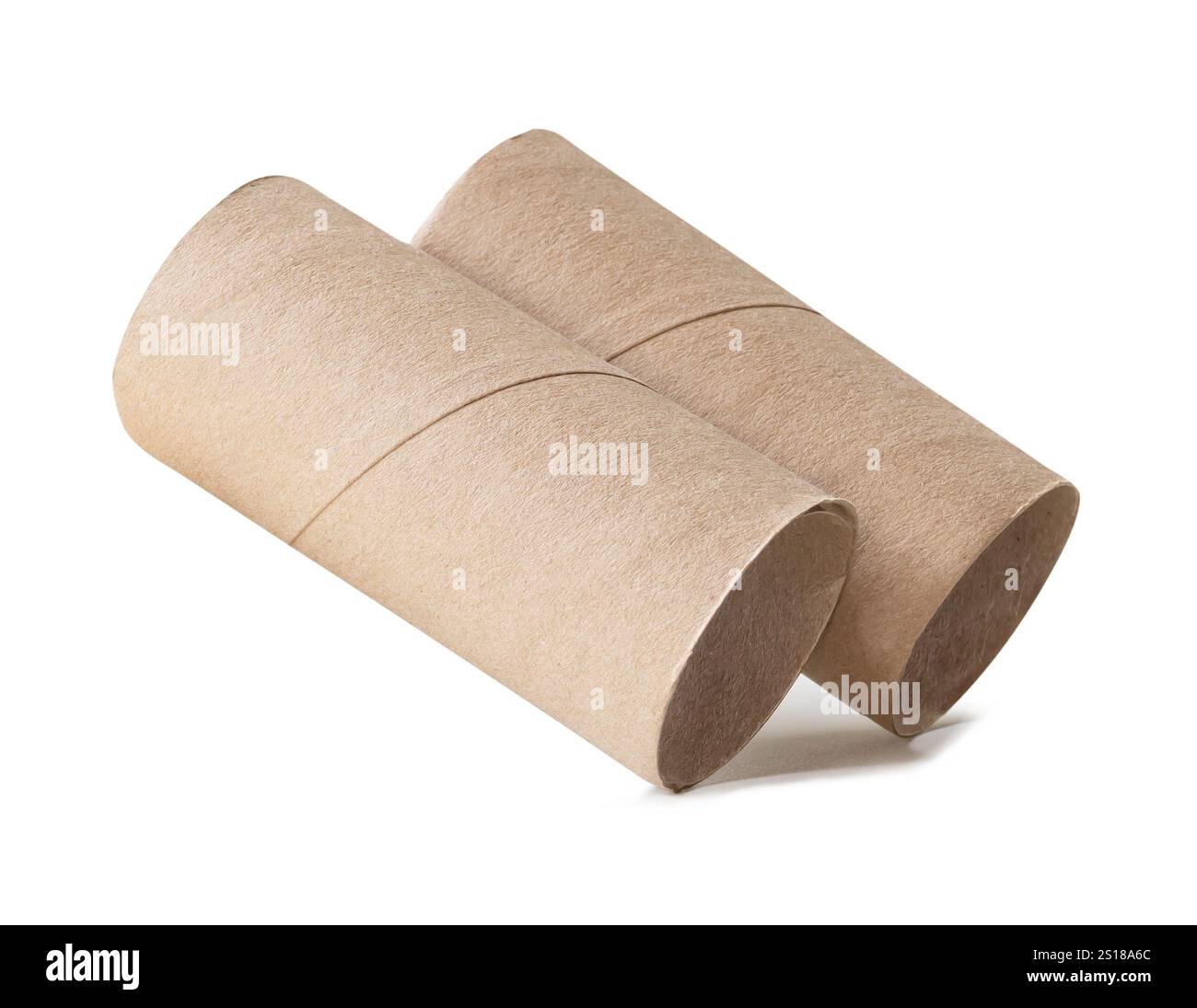 Side view of two tissue paper cores or toilet paper tubes in stack is ...