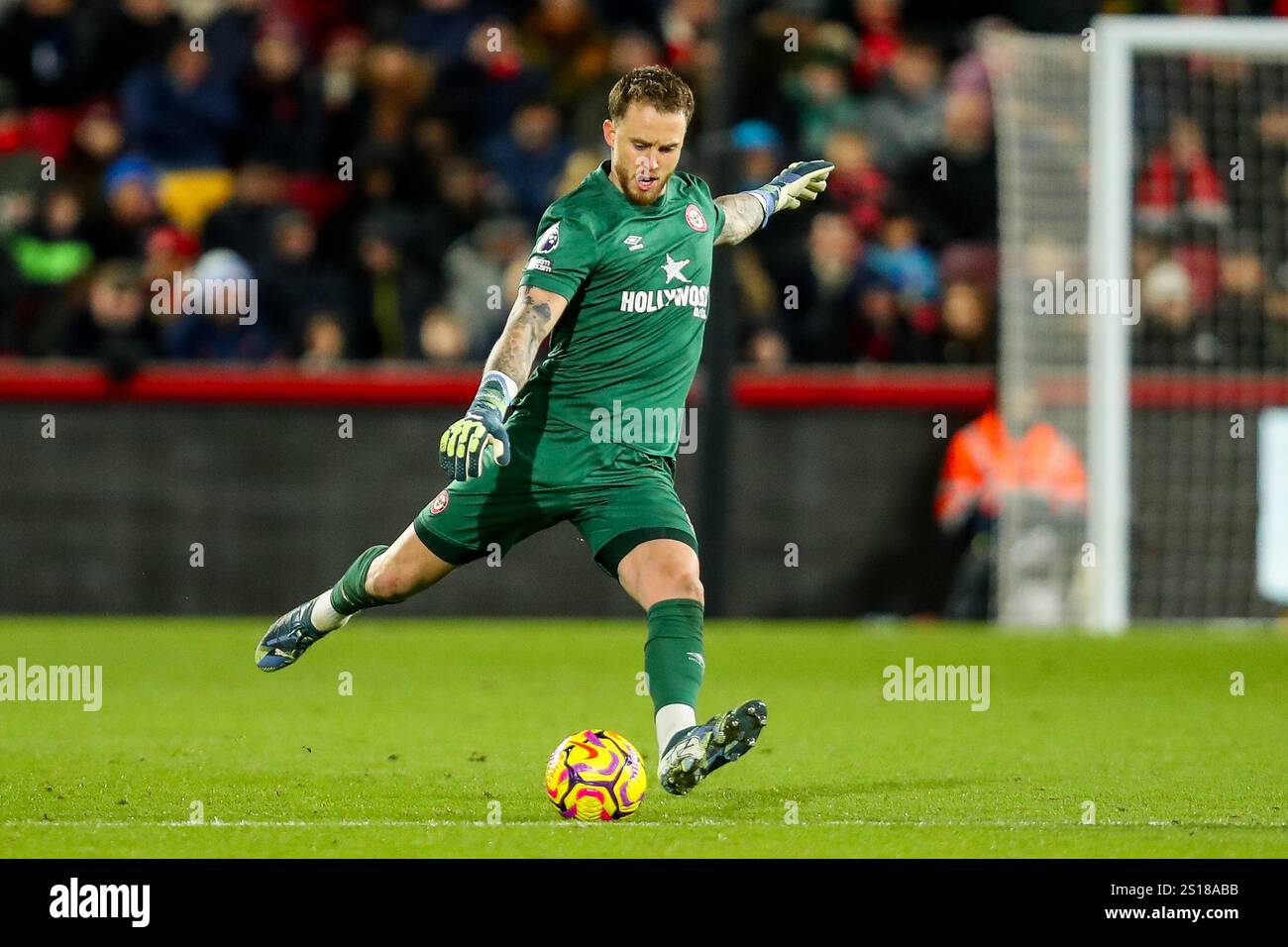 Mark Flekken of Brentford takes a free kick during the Premier League ...