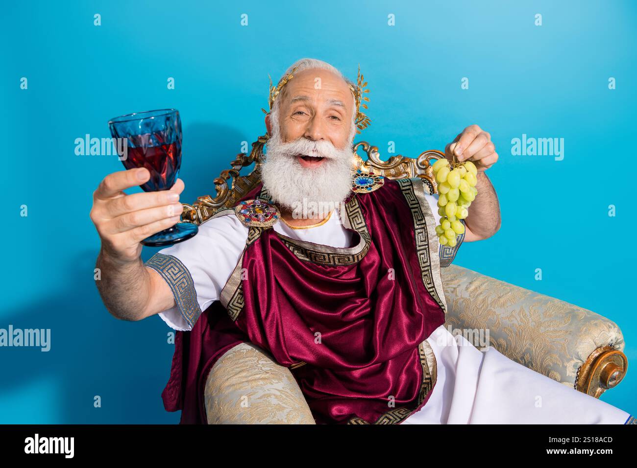 Portrait of ancient rich man leader sitting throne raise wine glass ...