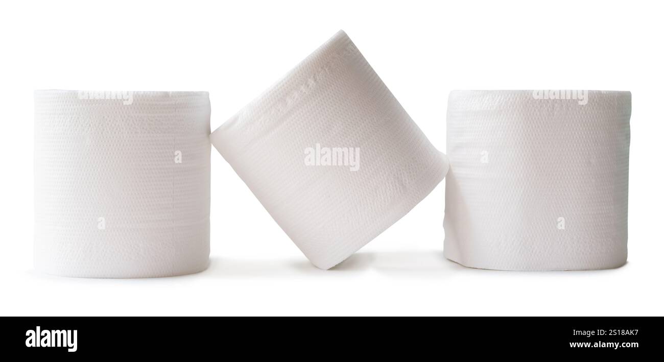 Three rolls of white tissue paper or toilet paper in stack is isolated ...
