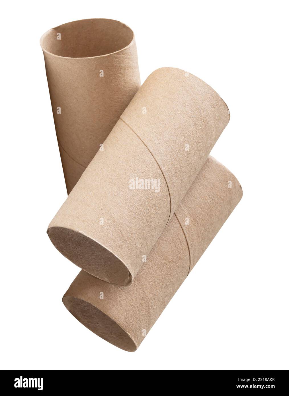 Three tissue paper cores or toilet paper tubes in stack is isolated on ...