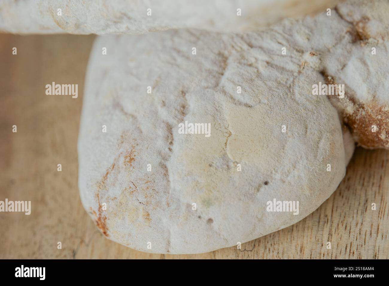 bread with mold on a wooden cutting board. White mold on yeast bread ...
