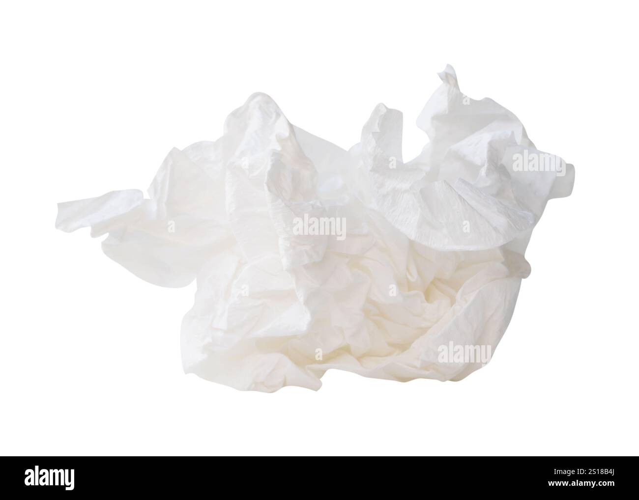 Side view of white crumpled tissue paper ball after use is isolated on ...