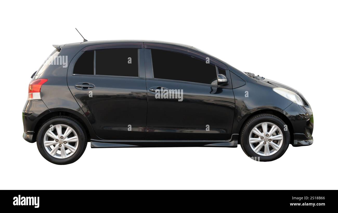Side view of mini or small black sports hatchback car is isolated on ...