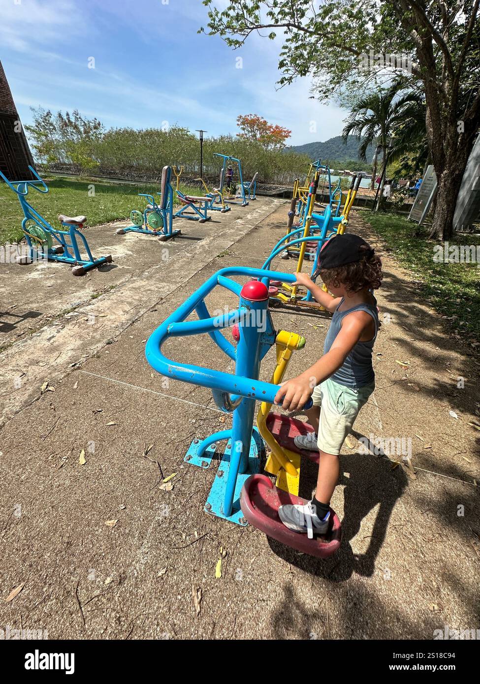 A young boy is joyfully playing on pieces of playground equipment at a ...