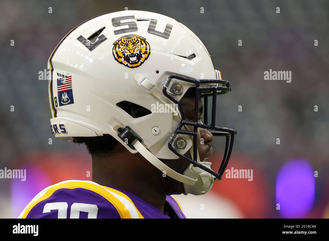 HOUSTON, TX - DECEMBER 31: A helmet worn by LSU Tigers running back ...