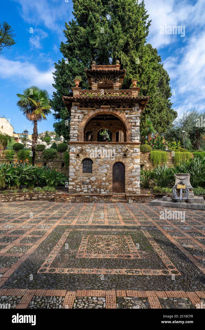 Brick building at Villa Comunale in Taormina, Sicily, Italy Stock Photo ...