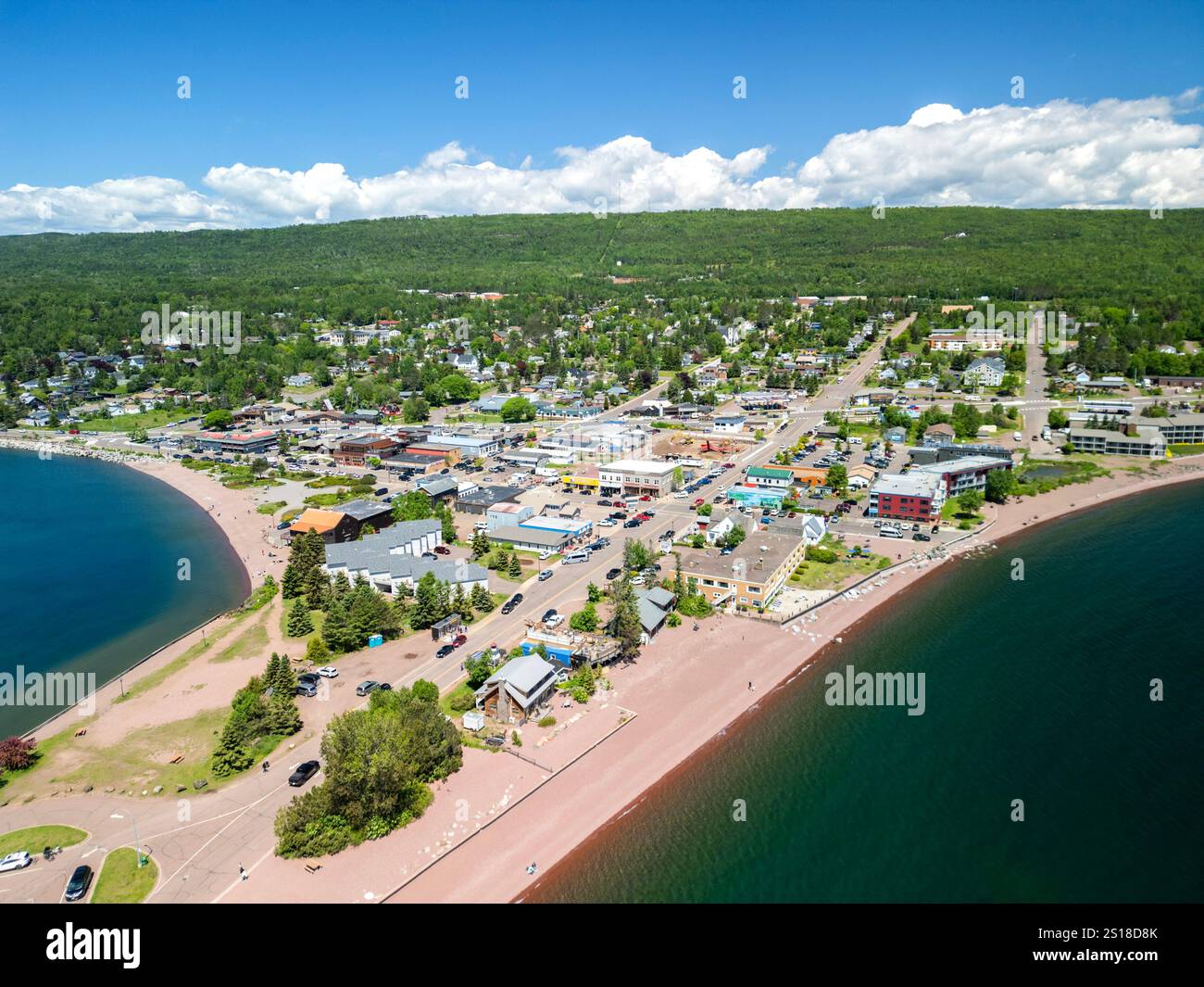 Summertime aerial view of the town of Grand Marais, Minnesota on the ...