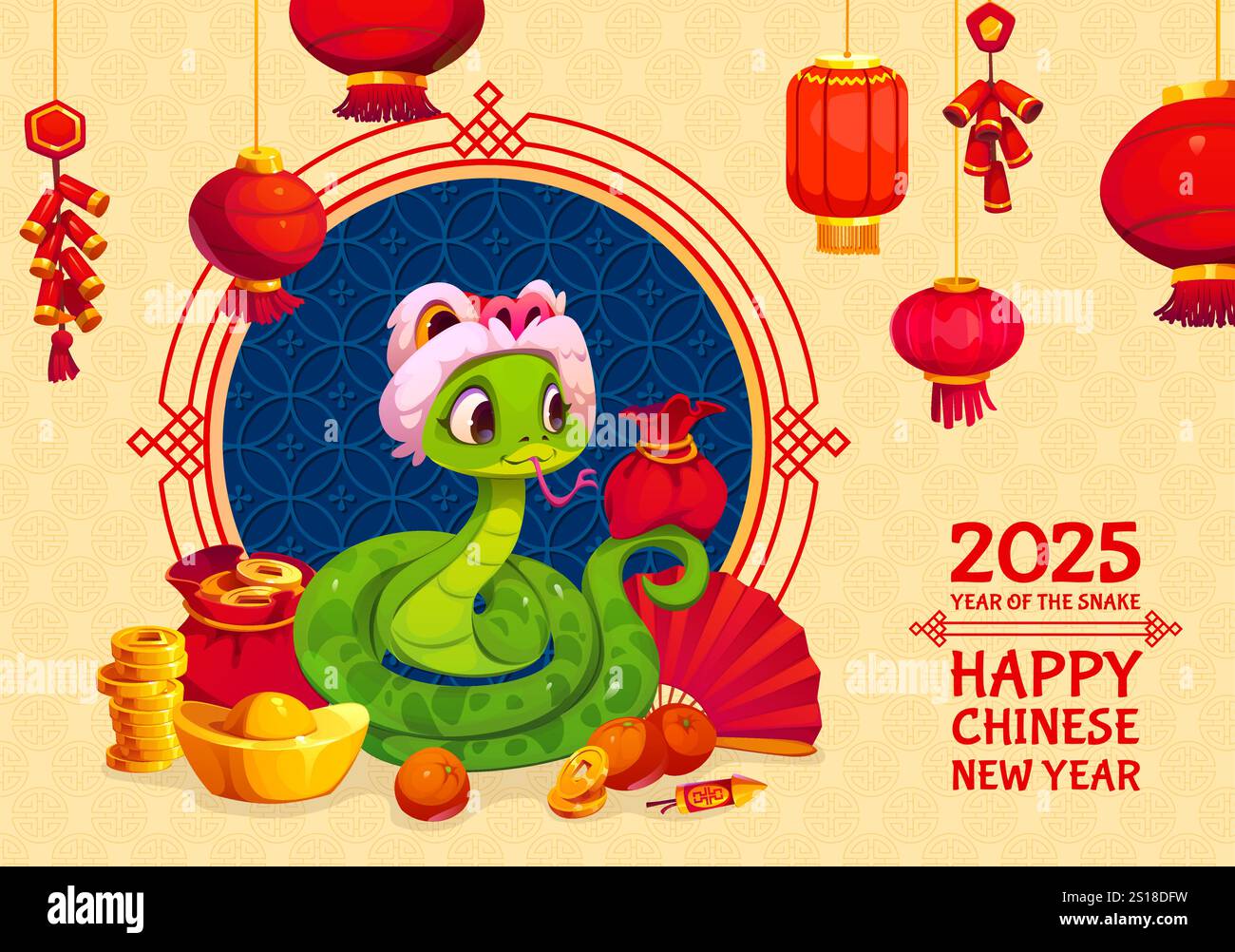 Happy Chinese lunar new year holiday greetings with cute green snake ...