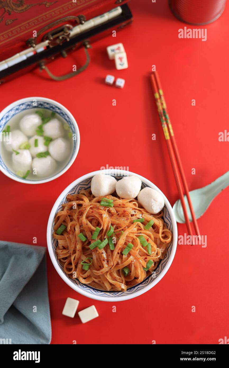 Rice Noodle with Chilli Oil and Fish Ball, Top View. Singapore Popular ...
