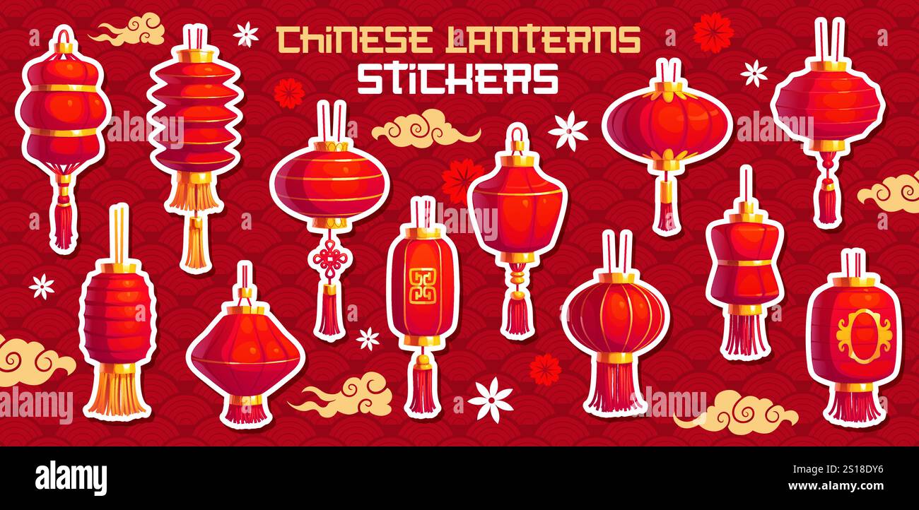 Asian Chinatown lamps stickers pack, cartoon Chinese festival red ...
