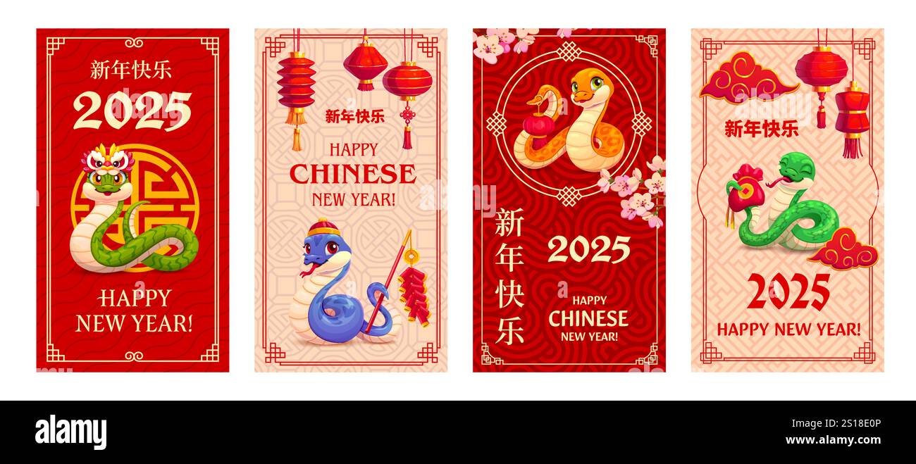Posters with Chinese new year snake. Vector Cny 2025 greeting cards ...