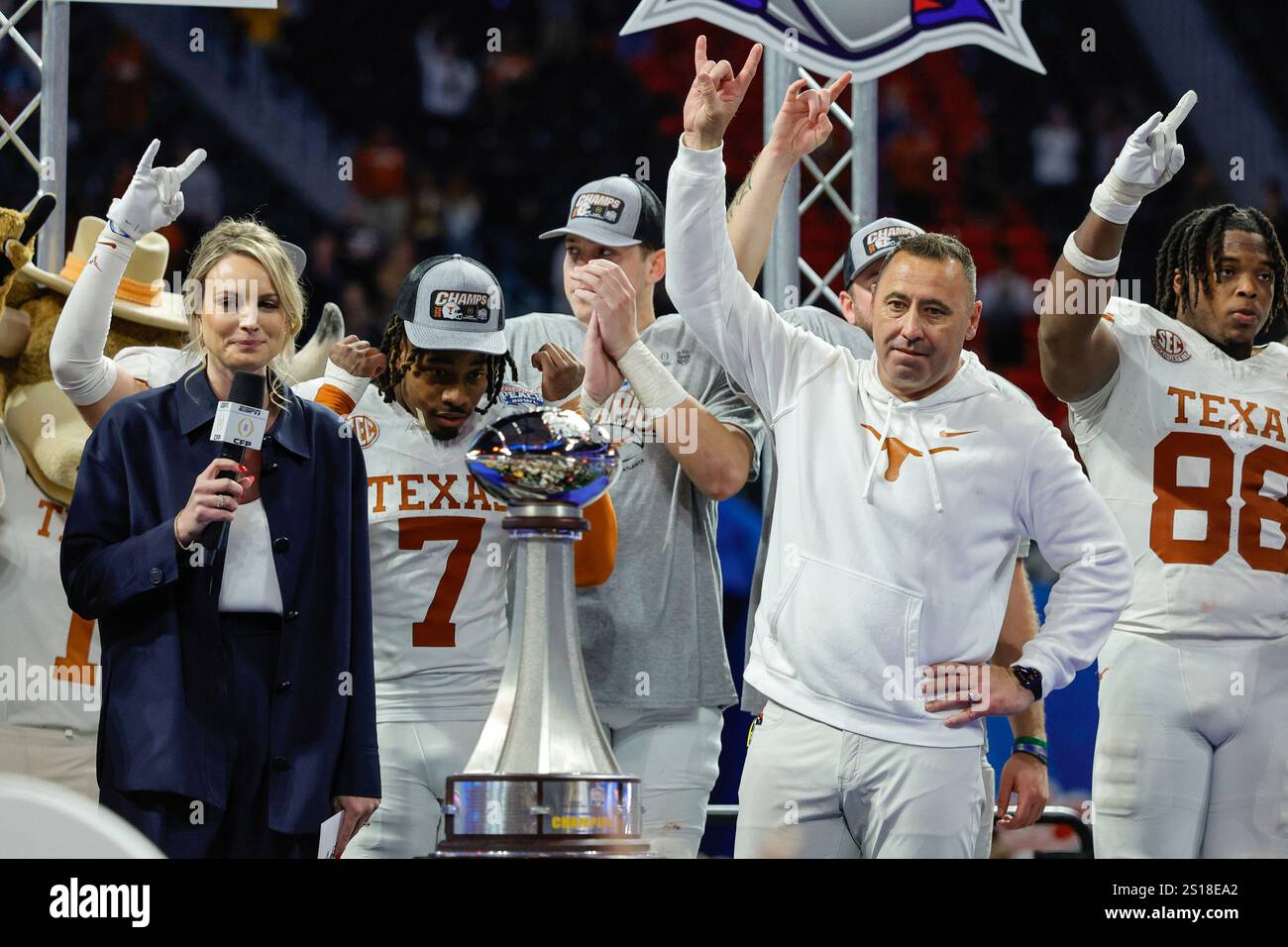 January 1, 2025: Texas head coach Steve Sarkisian on the podium after ...