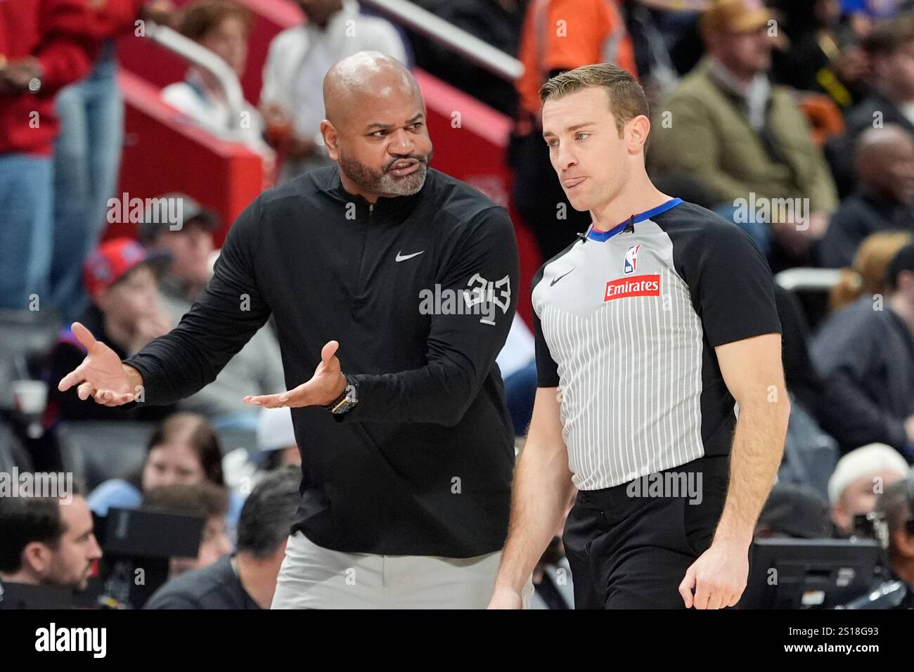 Detroit Pistons head coach J.B. Bickerstaff talks to referee Brandon ...