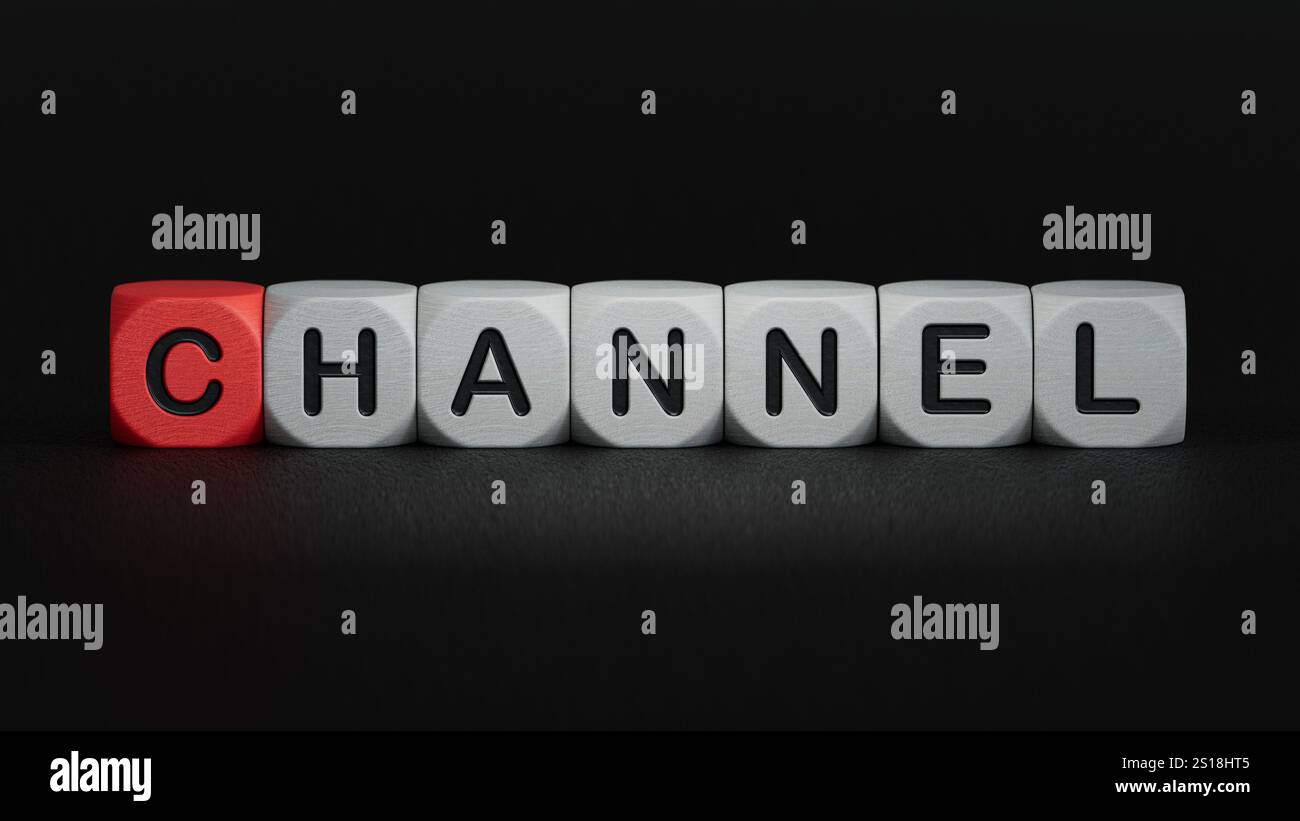 Word CHANNEL made with wood building blocks.close up of wooden elements ...