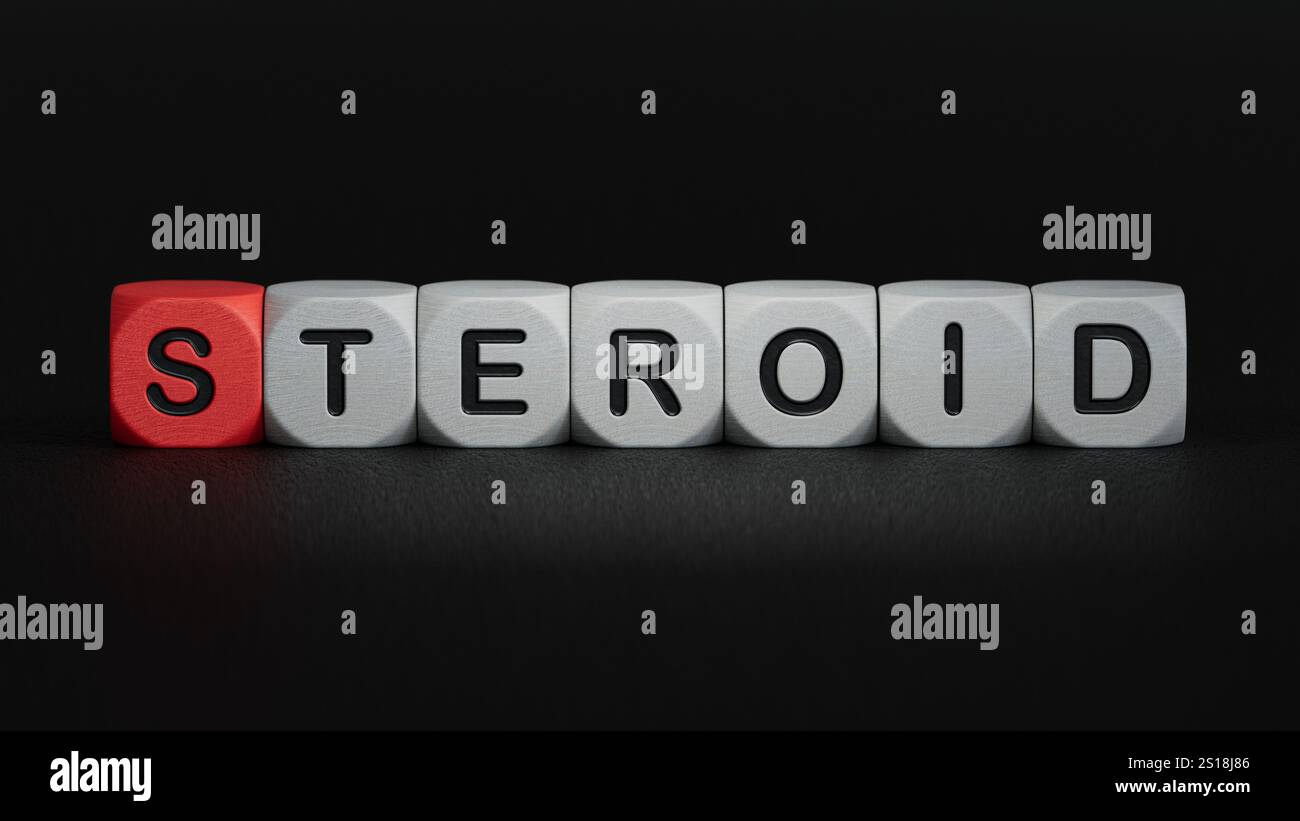 Word STEROID made from wooden letters . Plant on backgound.close up of ...