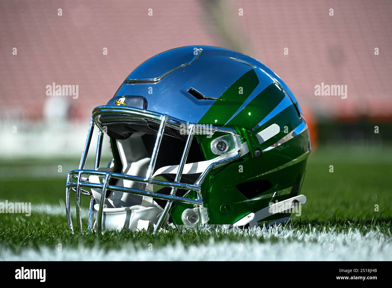 Detailed view of the Oregon Ducks helmet before the Rose Bowl game ...