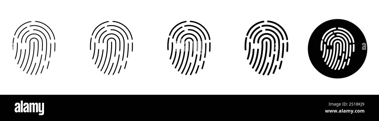 Set 5 fingerprint icons 1 unexpanded 1 silhouette, black fingerprint ...