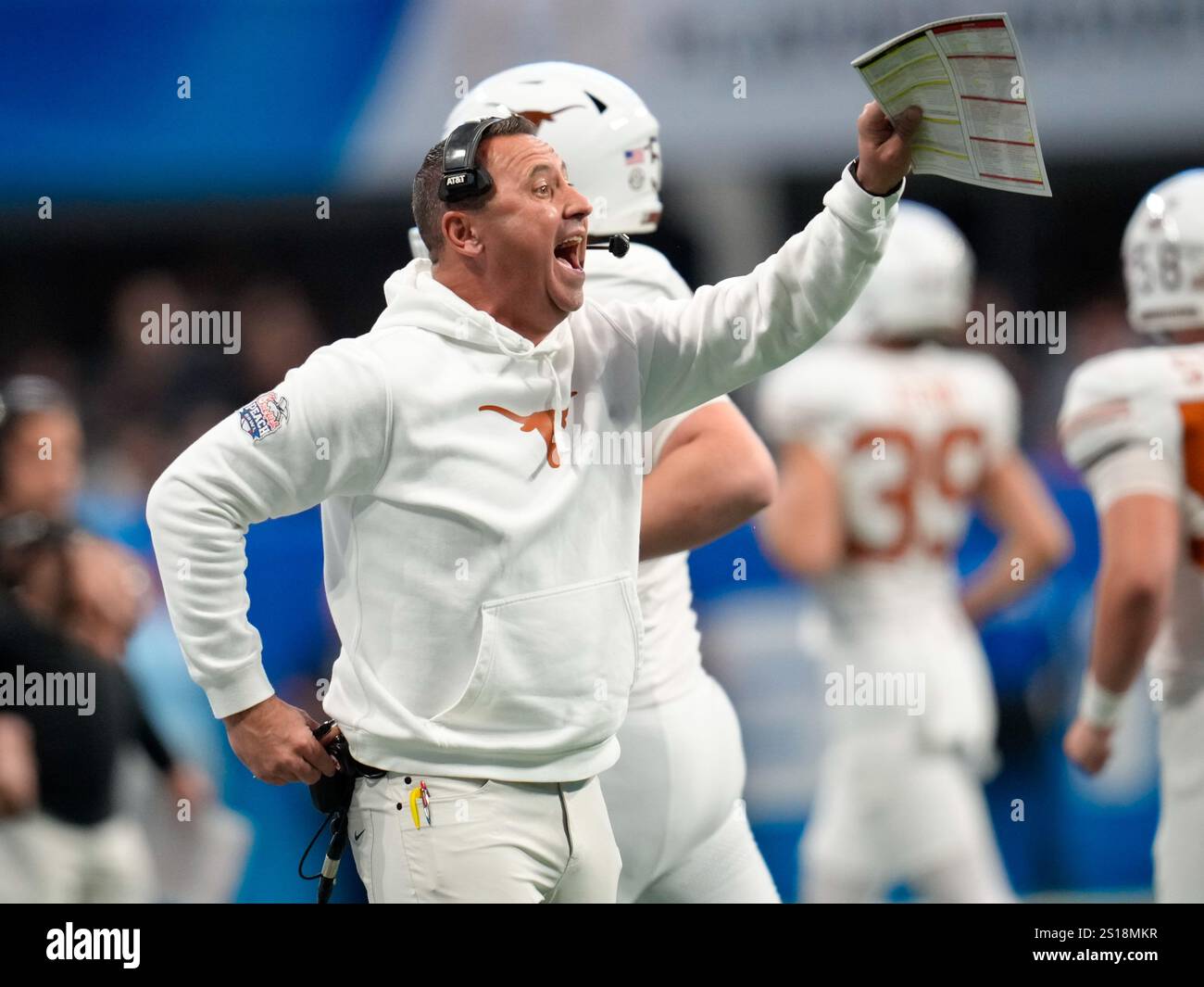 Head coach Steve Sarkisian (Texas Longhorns) calls out to his players ...