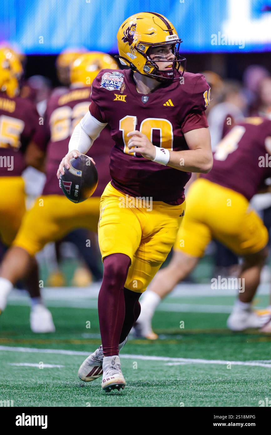 Atlanta, Georgia. 1st Jan, 2025. Sam Leavitt (10) of Arizona State ...