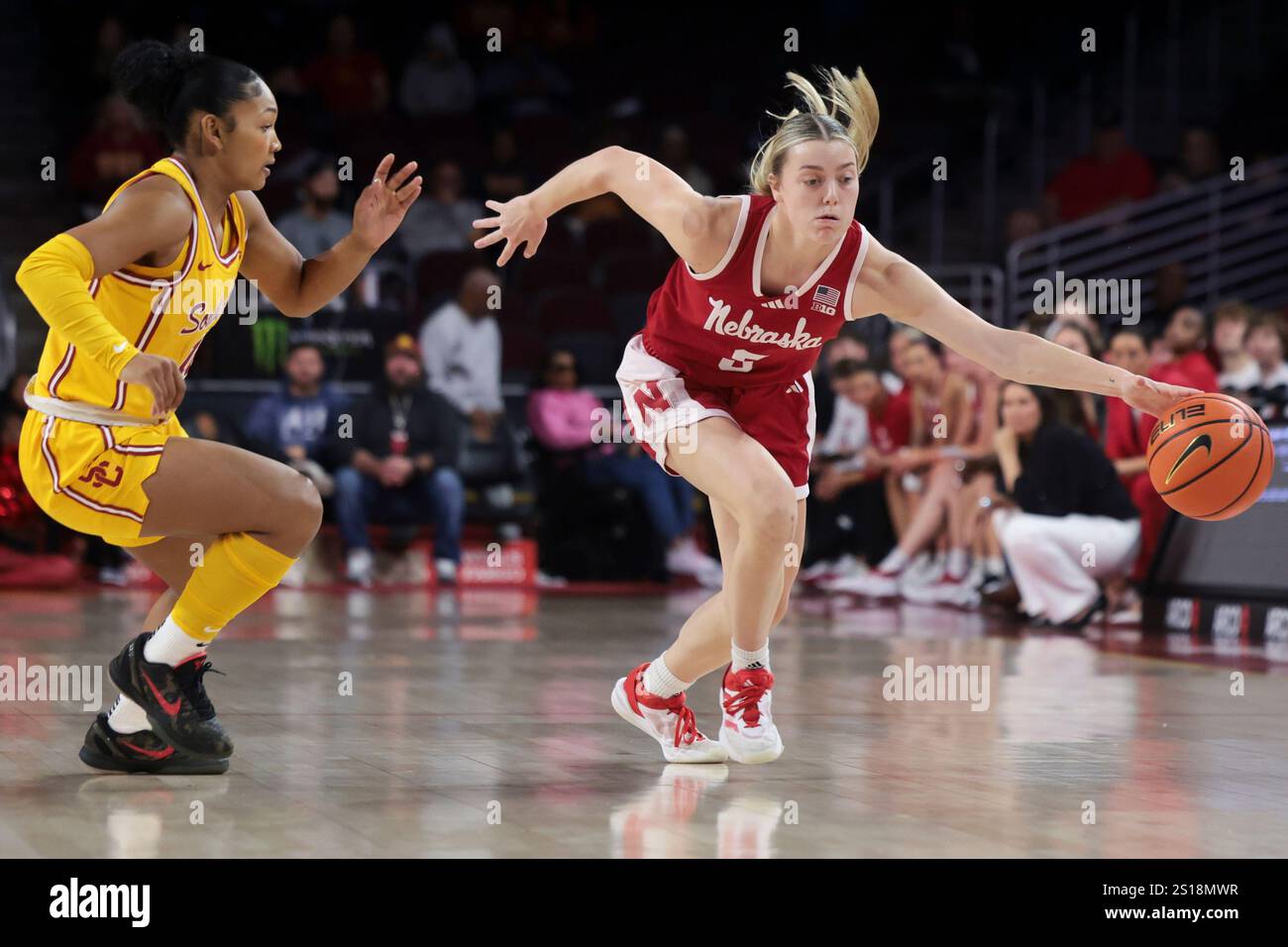 Nebraska guard Alberte Rimdal (5) dribbles against Southern California ...