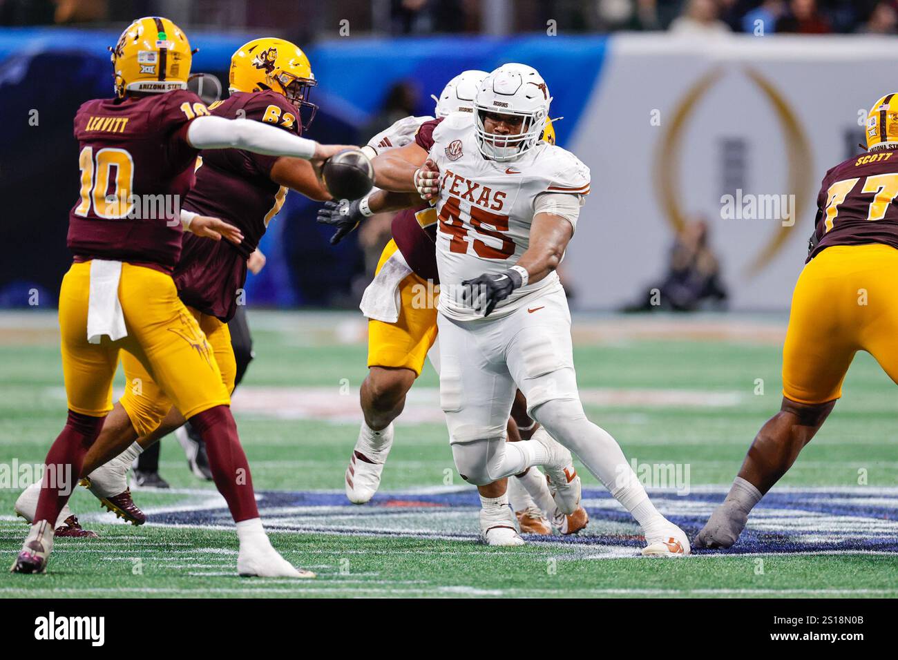 Atlanta, Georgia. 1st Jan, 2025. Vernon Broughton (45) applies pressure ...