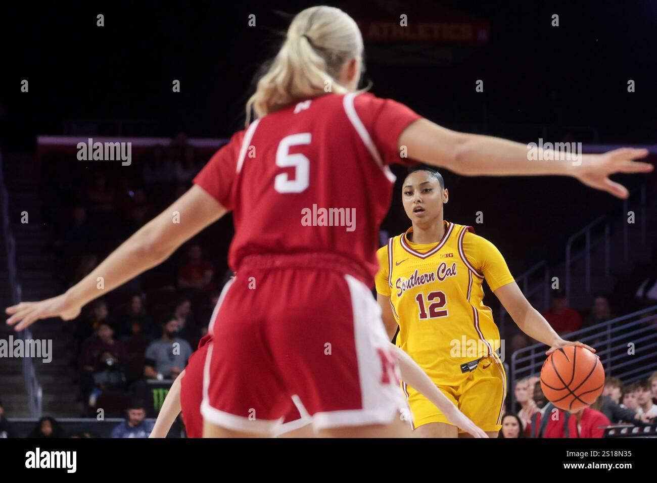 Southern California guard JuJu Watkins (12) dribbles as Nebraska guard ...