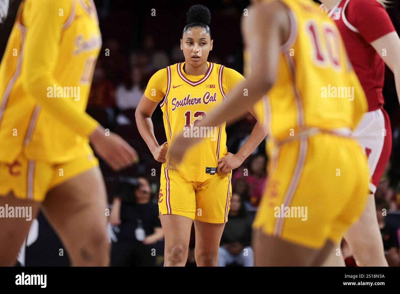 Southern California guard JuJu Watkins looks on as guard Kennedy Smith ...