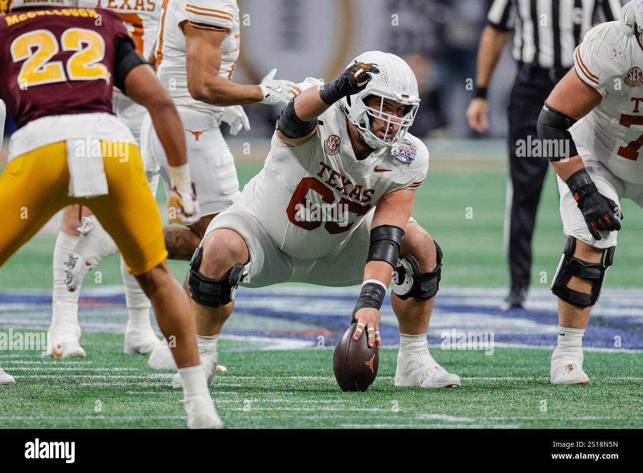Atlanta, Georgia. 1st Jan, 2025. Jake Majors (65) of Texas during the ...