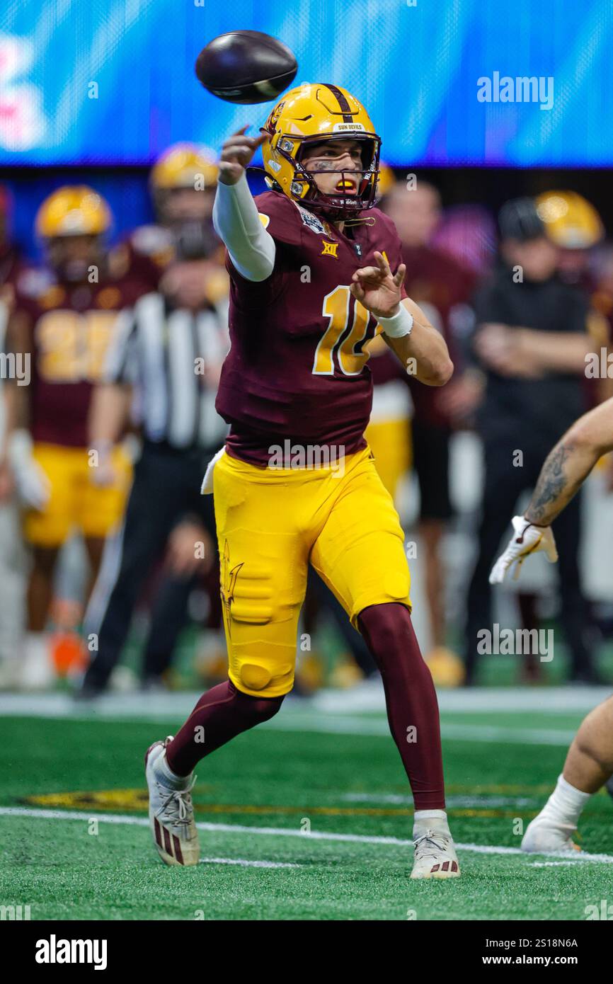 Atlanta, Georgia. 1st Jan, 2025. Sam Leavitt (10) of Arizona State ...