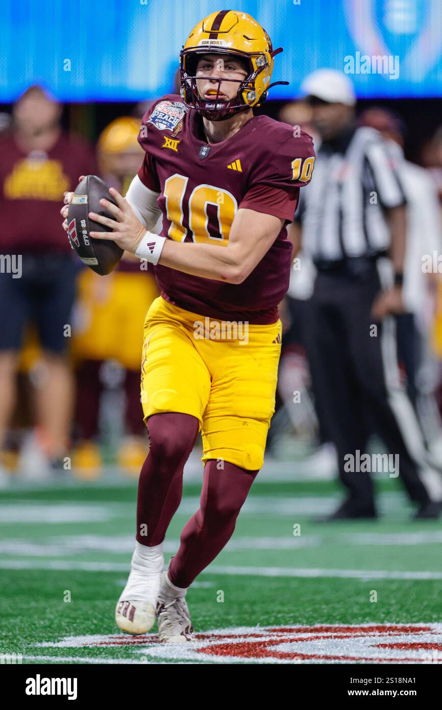 Atlanta, Georgia. 1st Jan, 2025. Sam Leavitt (10) of Arizona State ...