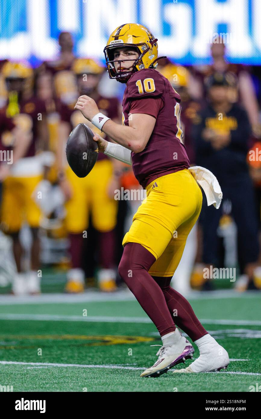 Atlanta, Georgia. 1st Jan, 2025. Sam Leavitt (10) of Arizona State ...