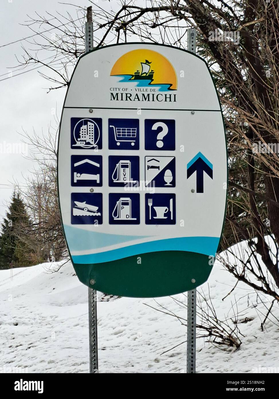 Amenities sign on highway in Miramichi, New Brunswick, Canada Stock ...