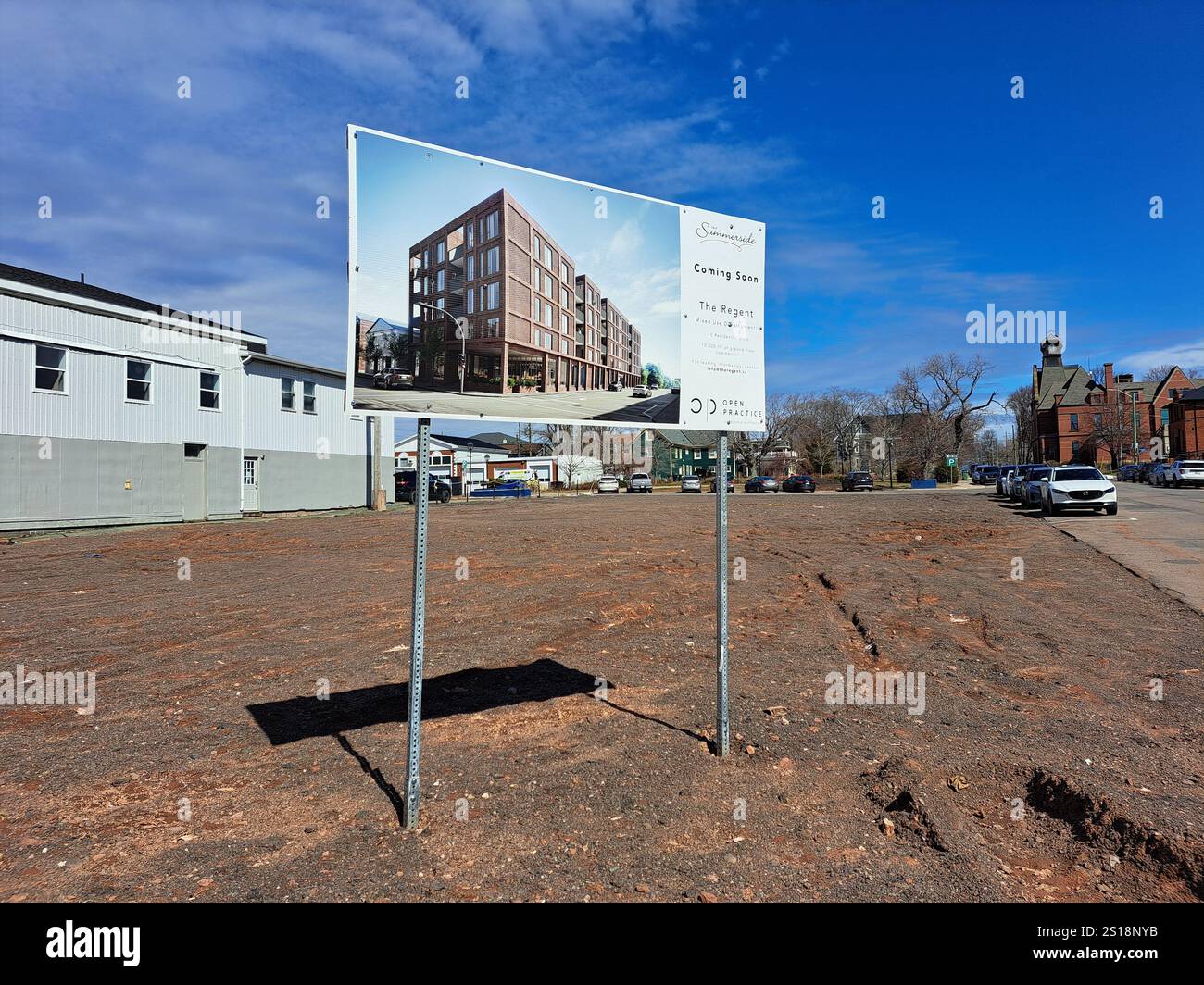 The Regent mixed use development sign on Water Street in Summerside, Prince Edward Island ...