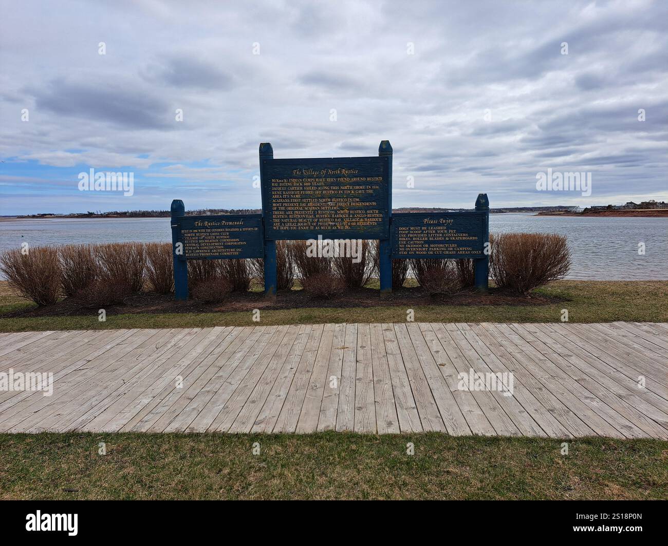 Wooden signs on the promenade in North Rustico, Prince Edward Island ...